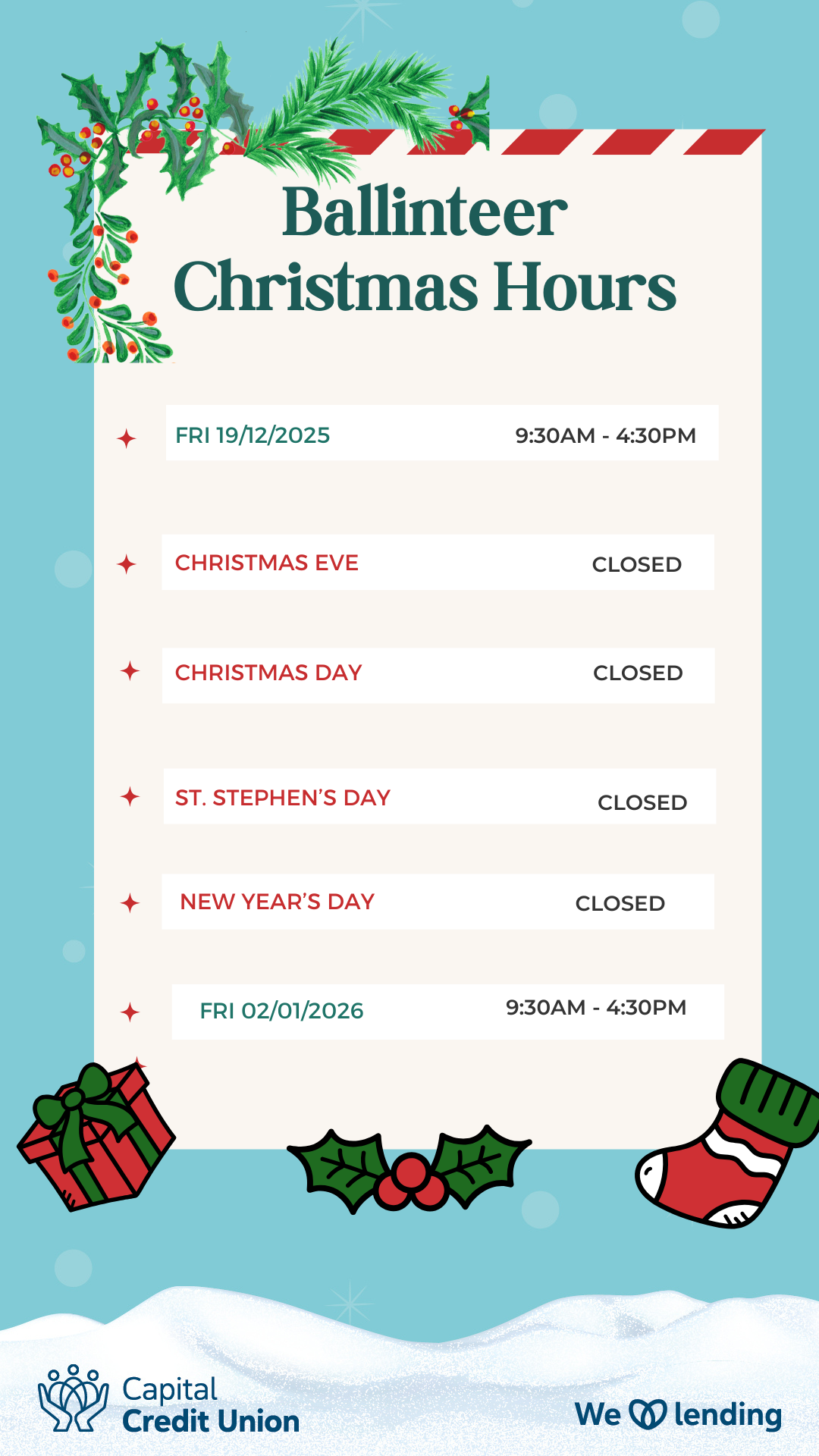 🎄 Christmas Opening Hours 2025 🎄 - Capital Credit Union